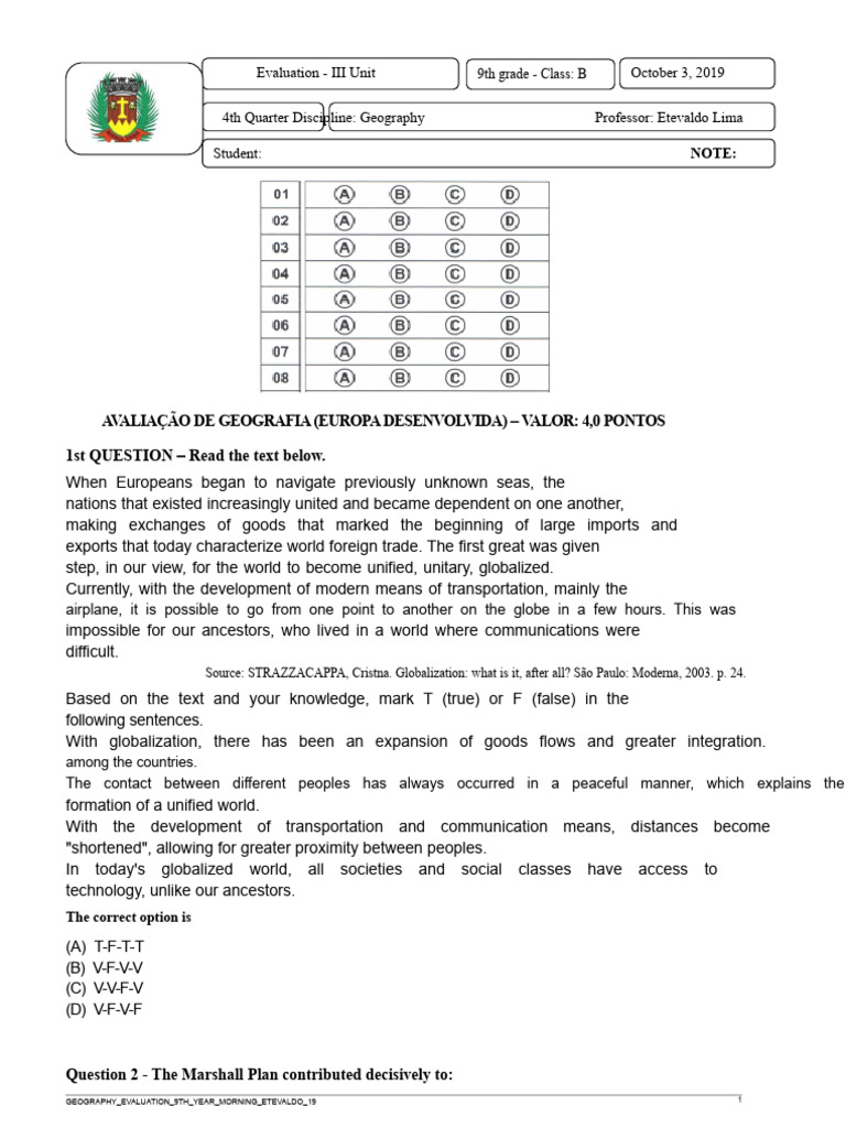 Geography Assessment III Unit - 9th Grade B | PDF | Satellite | Capitalism