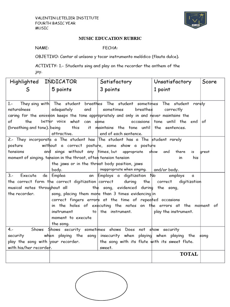 MUSIC EDUCATION RUBRIC 4th GRADE | PDF | Recorder (Musical Instrument ...
