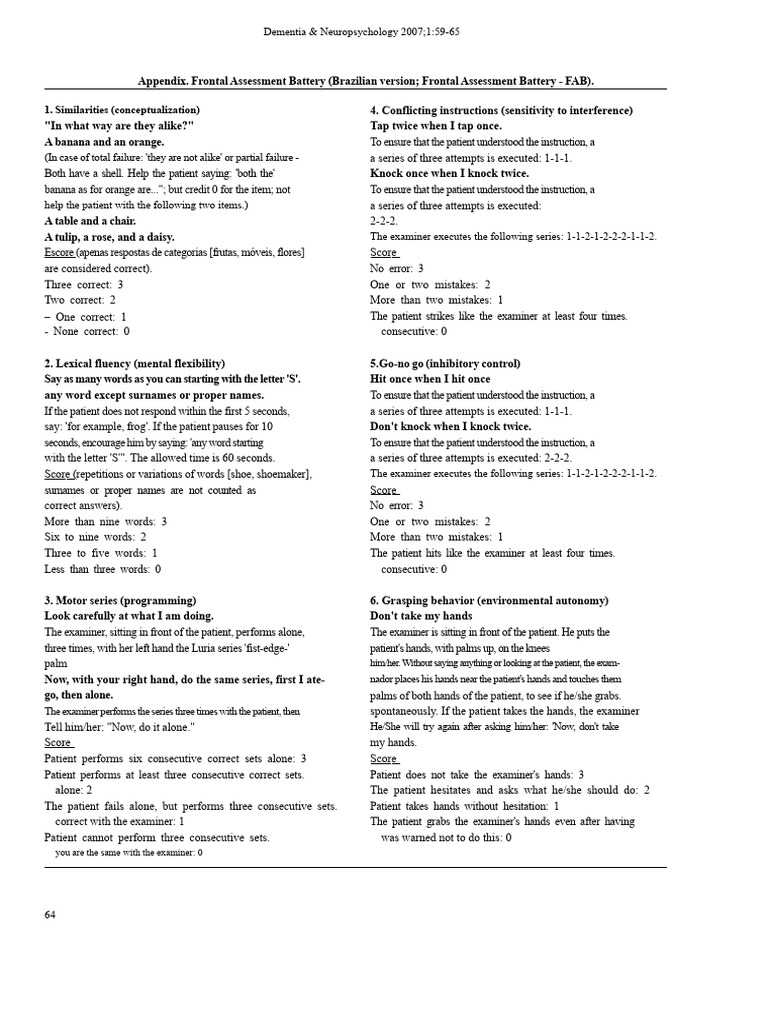 Frontal Assessment Battery Guide | PDF | Cognitive Psychology | Psychology
