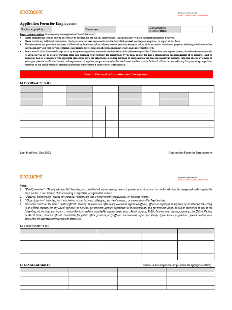 Application Form For Employment - Stratacent - Oct'24 | PDF ...