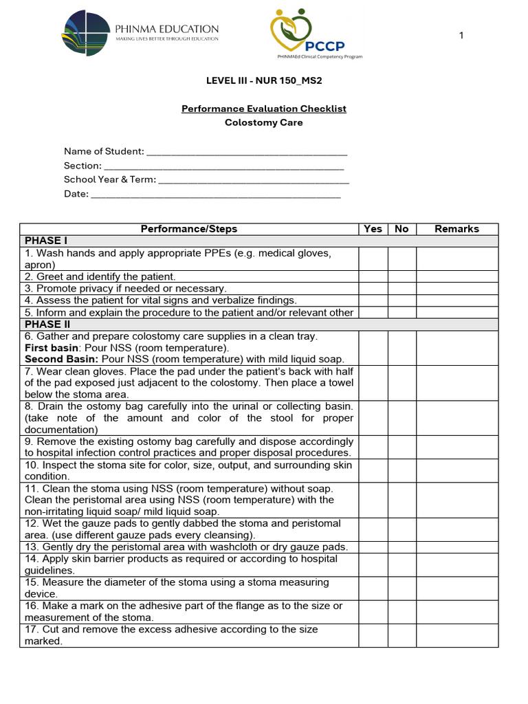 Checklist in Colostomy_nur 150_ms2 | PDF | Medical Specialties | Health ...