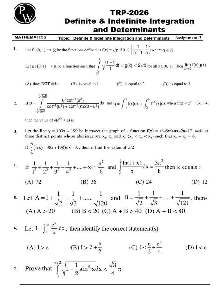 Definite, Indefinite Integration & Determinant: Assignment 02 | PDF