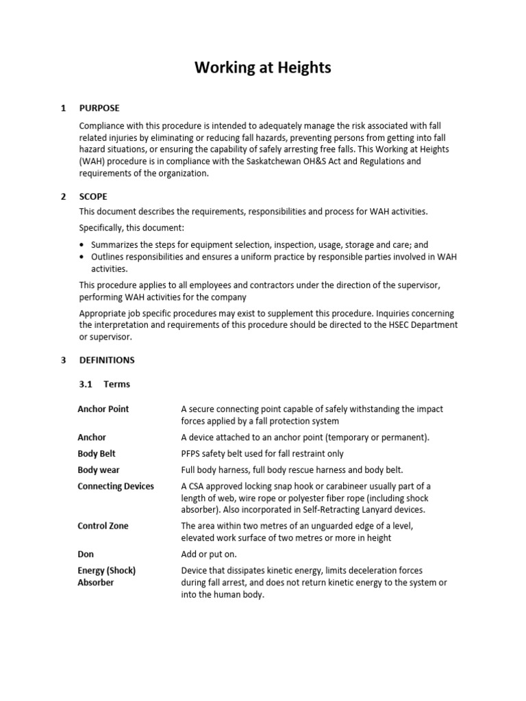 Working at Heights Safety Procedures | PDF | Safety | Occupational ...