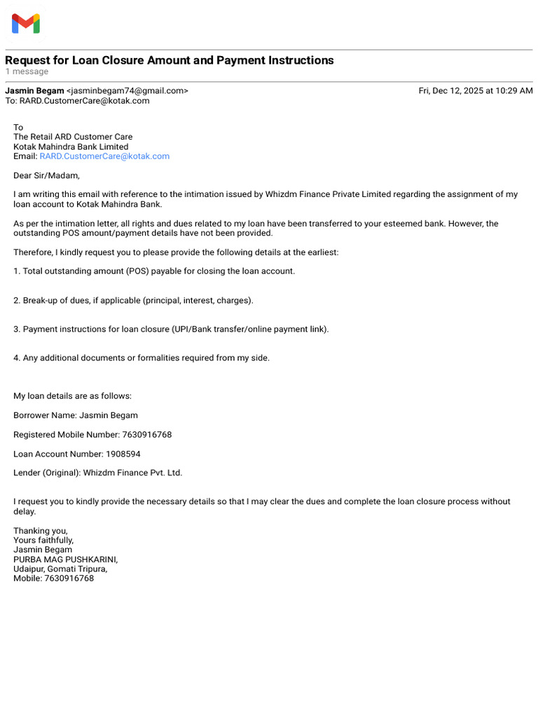 Gmail - Request For Loan Closure Amount and Payment Instructions | PDF