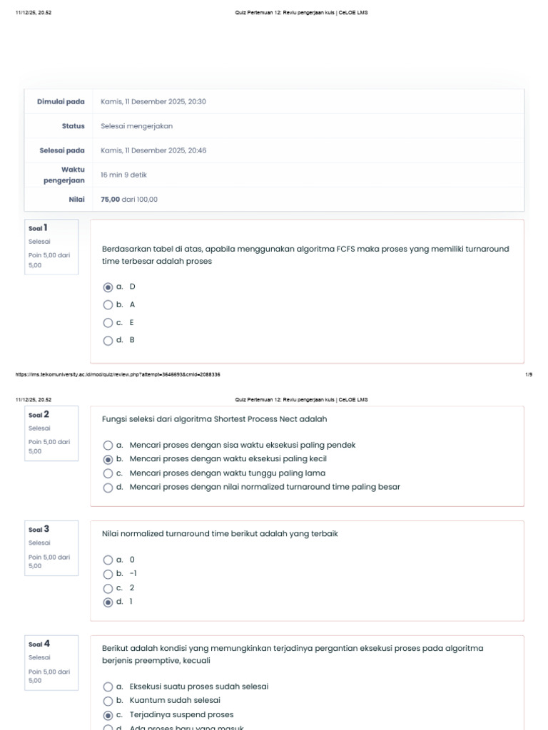 Quiz Pertemuan 12 - Reviu Pengerjaan Kuis - CeLOE LMS SISOP | PDF