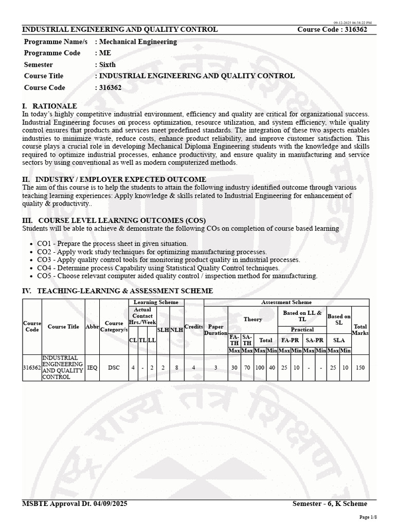 Industrial Engineering & Quality Control Course | PDF | Industrial ...