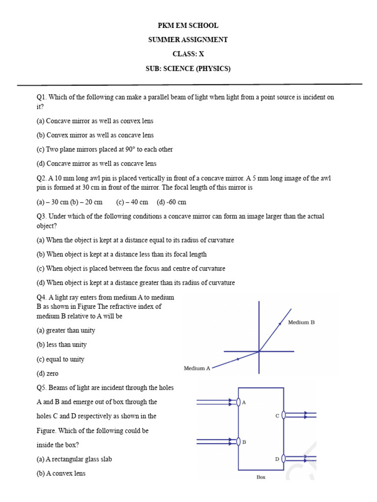 Class 10 Physics Summer Assignment - 094508 | PDF | Mirror ...