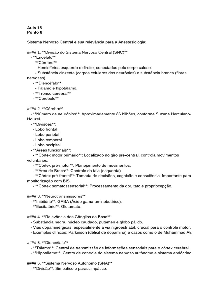 Aula 15 Ponto 8 Sistema Nervoso Central e Autônomico | PDF | Sistema ...