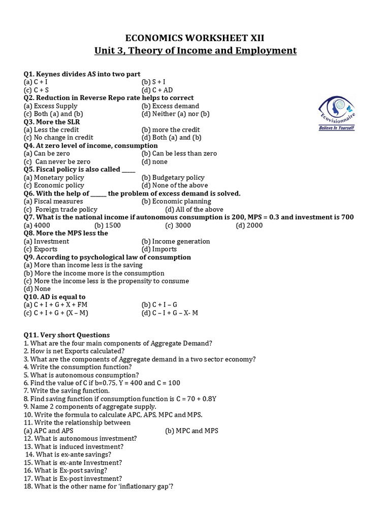Theory of Income Worksheet | PDF | Fiscal Multiplier | Consumption ...