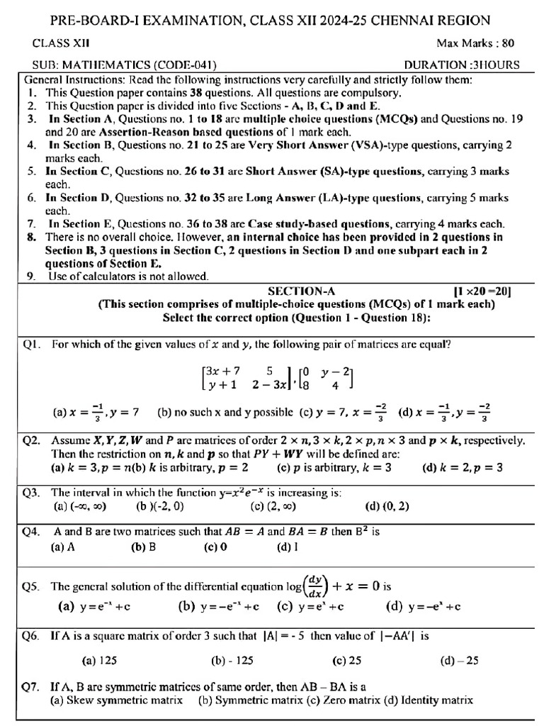 Grade 12maths Chennai Regional Paper | PDF