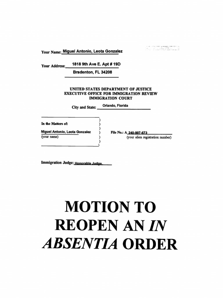 Motion To Reopen An in Absentia Order Miguel | PDF