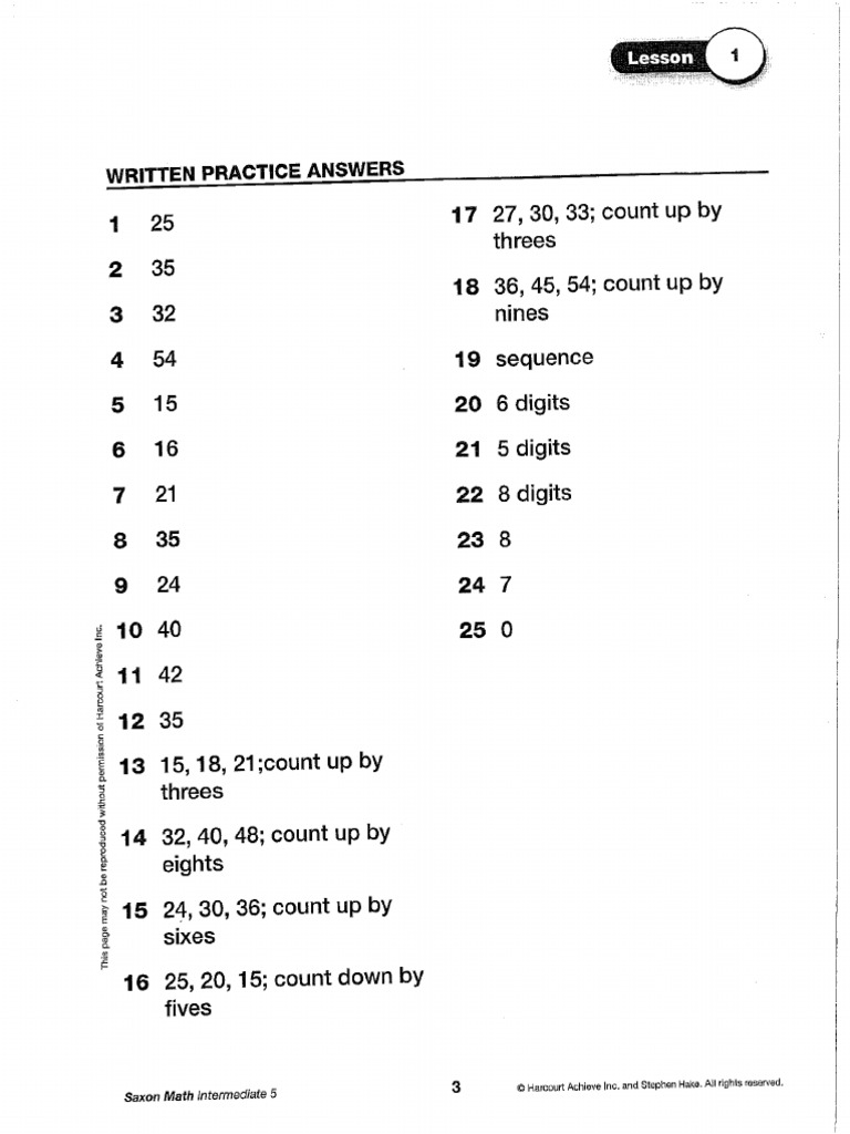 Saxon Intermediate 5 Homework Key | PDF