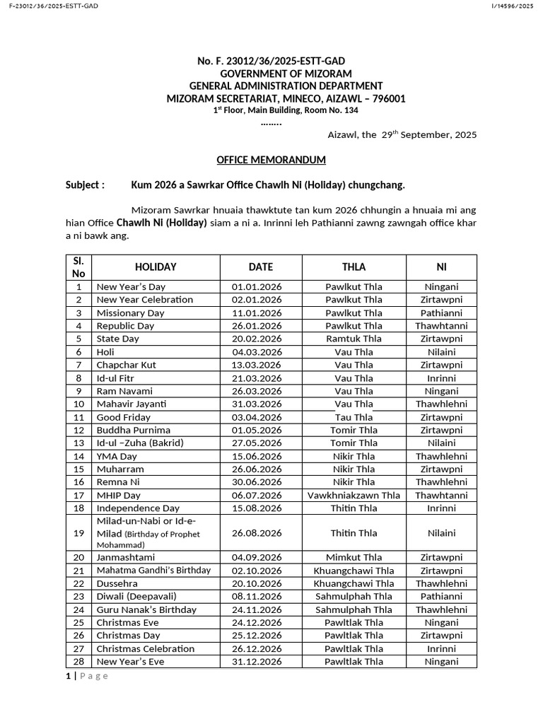 Mizoram 2026 Official Holiday Schedule | PDF | Observances | Religious ...