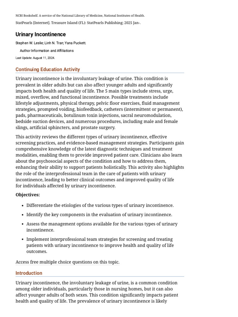 Urinary Incontinence - StatPearls - NCBI Bookshelf | PDF | Urinary ...