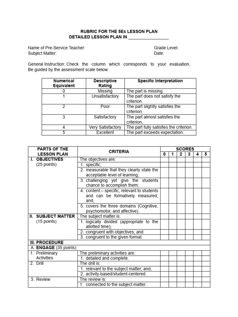 5Es Lesson Plan Evaluation Rubric | PDF | Learning | Lesson Plan