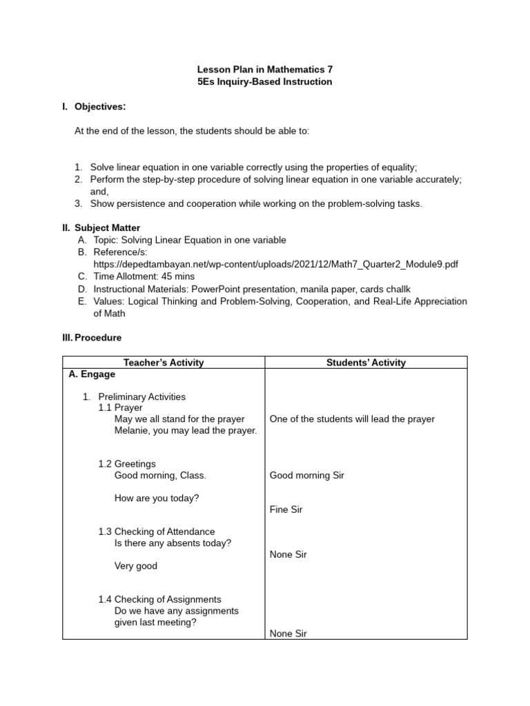 Turzar Alfred - 5Es Lesson Plan Format | PDF | Equations | Variable (Mathematics)