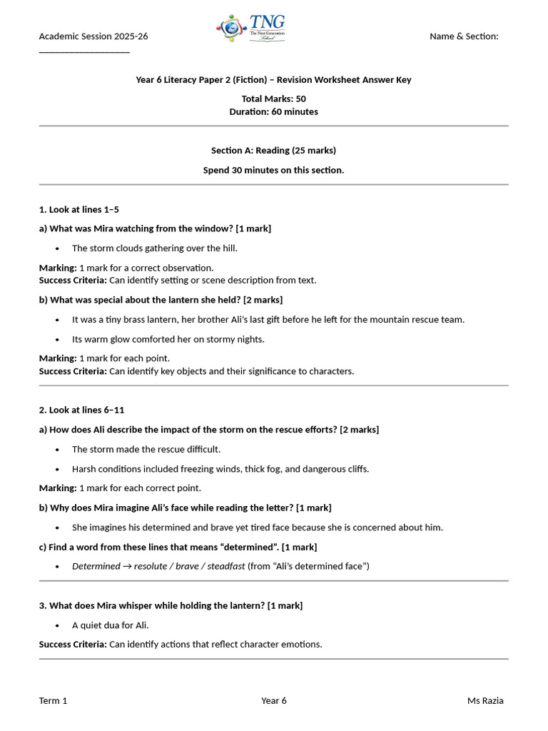 Year 6 Literacy Paper 2 (Fiction) – Revision Worksheet Answer Key | PDF ...