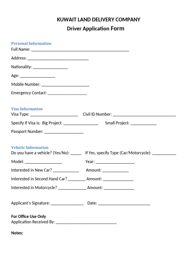 Kuwait Driver Application Form | PDF