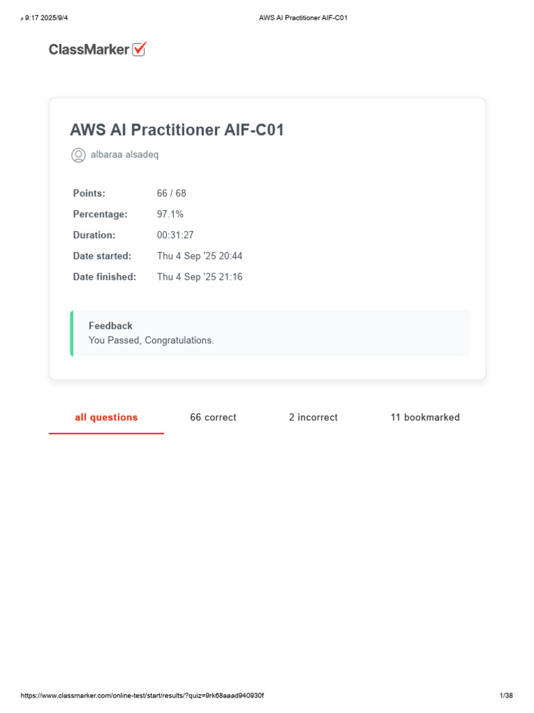 AWS AI Practitioner AIF-C01 Exam Results | PDF | Machine Learning ...