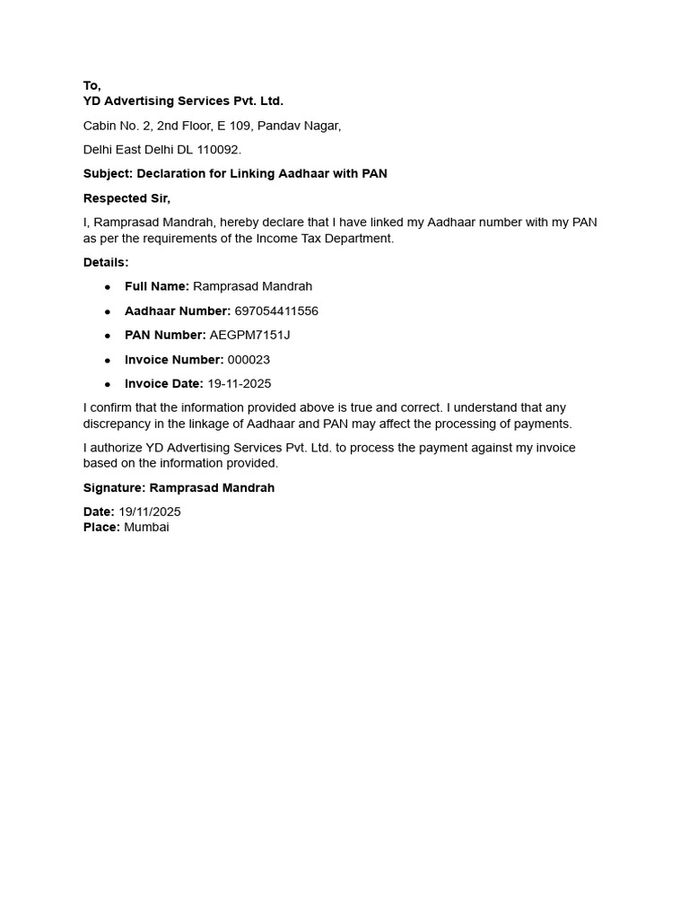 Self Declaration (Aadhar & Pan Link).Docx | PDF