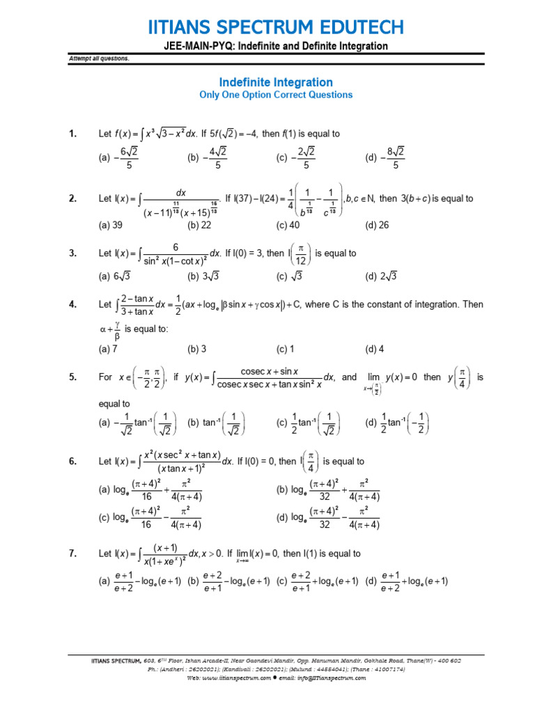JM-PYQ- INTEGRATIONS [1.1] | PDF | Trigonometric Functions | Function ...