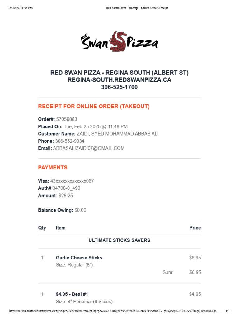 Red Swan Pizza - Receipt - Online Order Receipt | PDF | Cooking | Asian ...
