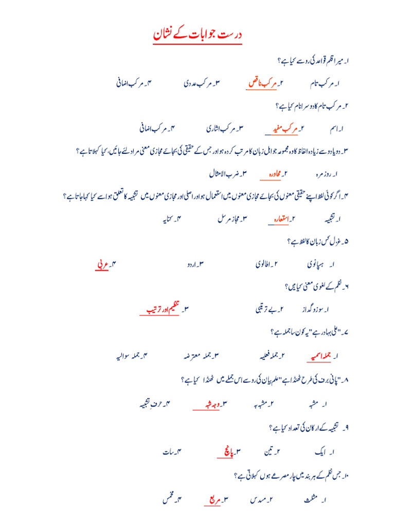 Urdu Grammar MCQ, S Type Questions | PDF