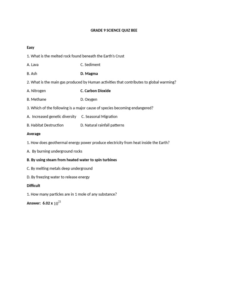 Grade 9 Science Quiz Bee | PDF