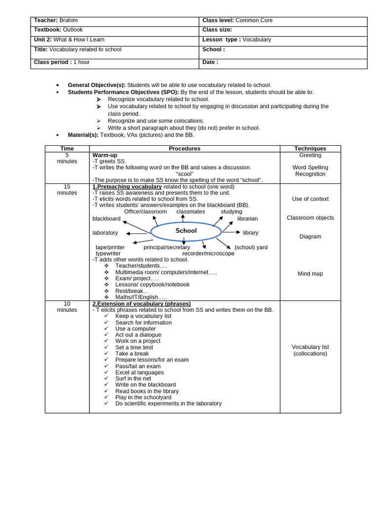 School Vocabulary Lesson Plan | PDF | Vocabulary | Learning
