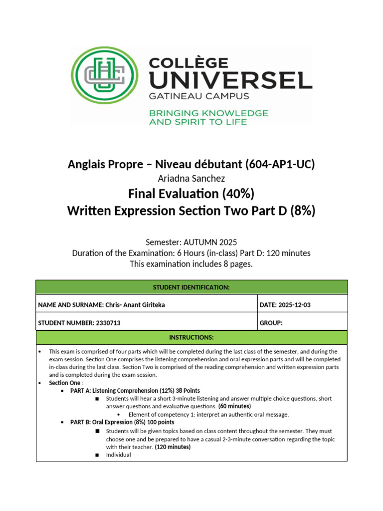 Ap1 - Writing Final Exam Ariadna Sanchez Autumn 2025 | PDF | Syntax | Verb