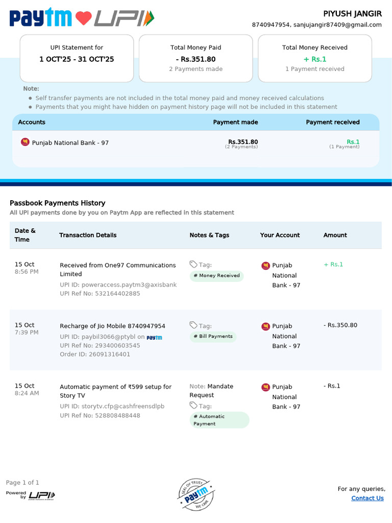 Paytm UPI Statement October 2025 | PDF | Service Industries | Services ...
