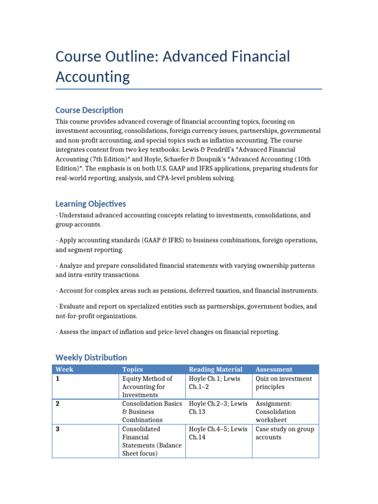 Advanced Financial Accounting Course Outline | PDF | Accounting ...