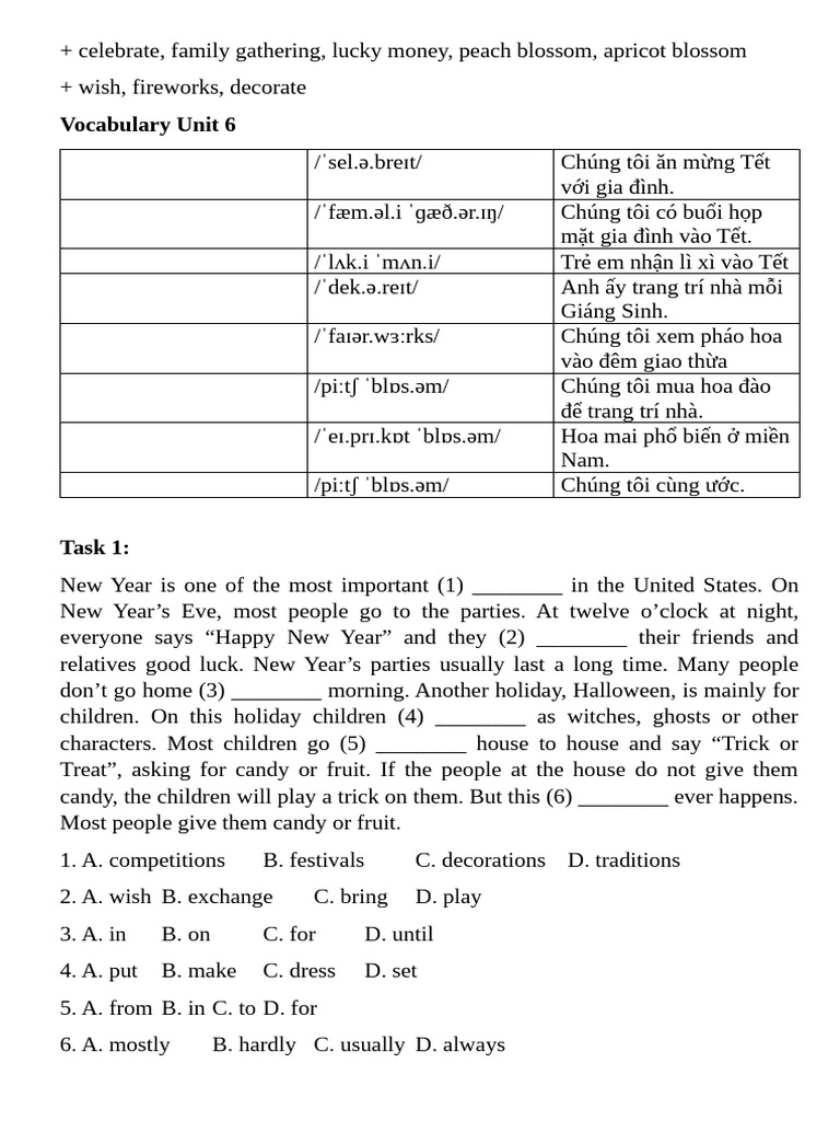 New Year Celebrations Vocabulary Guide | PDF