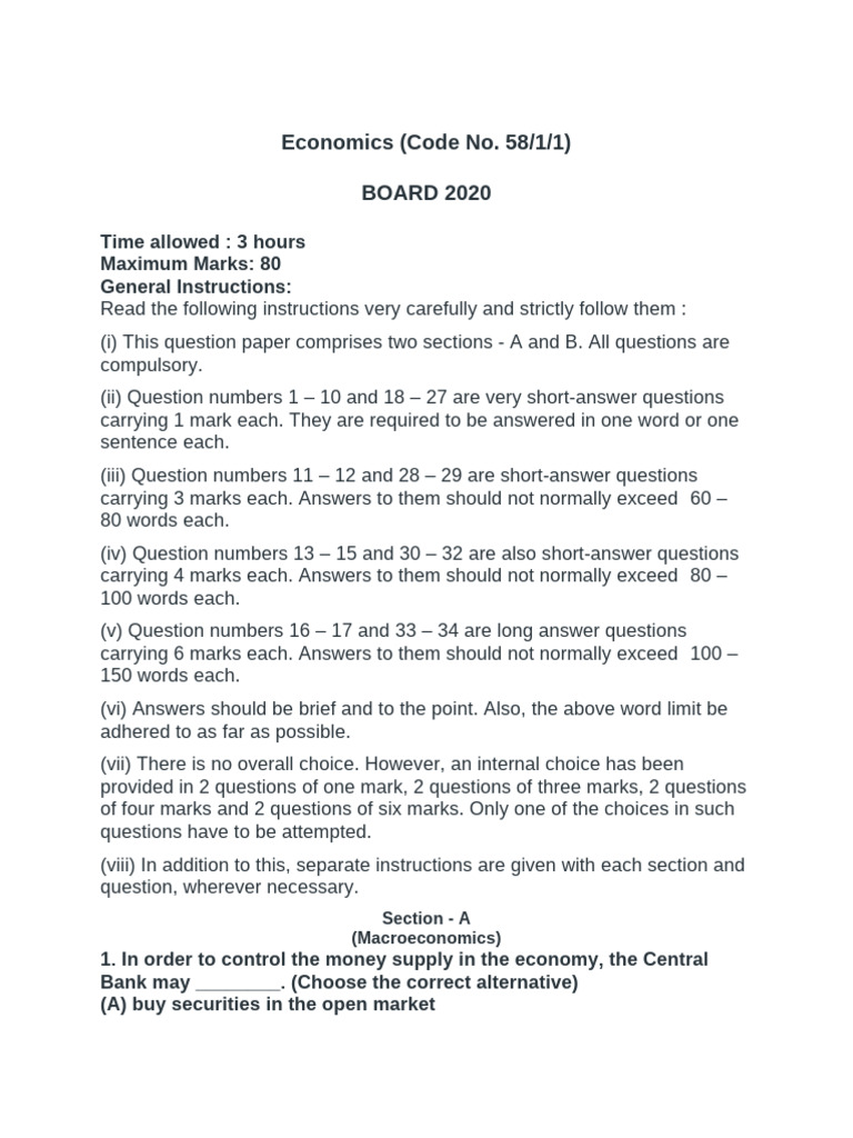 Economics Board Exam Paper 2020 | PDF | Fiscal Policy | Employment