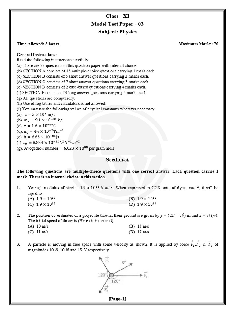 Class 11 Physics Model Test 03 (Question) PDF | PDF | Acceleration | Force