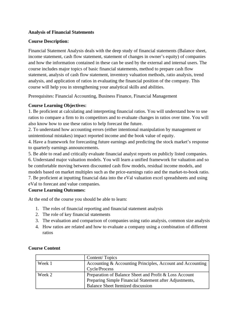 Analysis of Financial Statements Course Description | PDF | Valuation ...