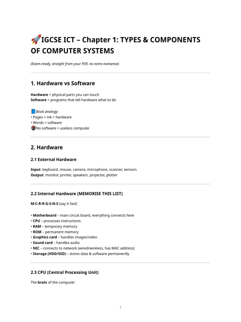 Igcse Ict - Chapter 1 Ultra Memorise Notes | PDF | Computer Hardware ...