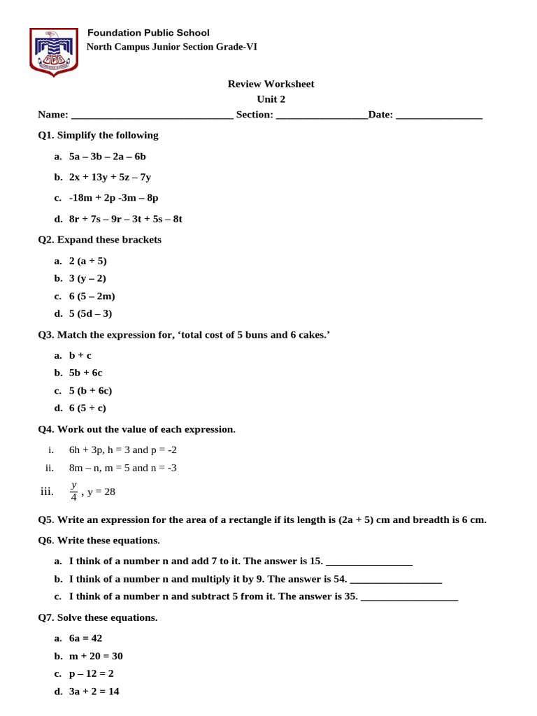 Review Worksheet - Math - Grade 6 - Unit 2 | PDF