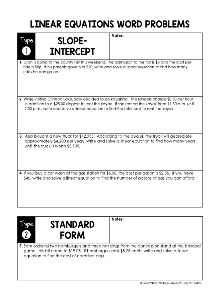 Pooja J - Algebra 7 Writing Linear Equations From Word Problems Notes | PDF
