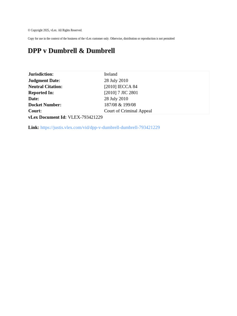 DPP V Dumbrell Dumbrell Ireland Case Law | PDF | Acquittal | Trials