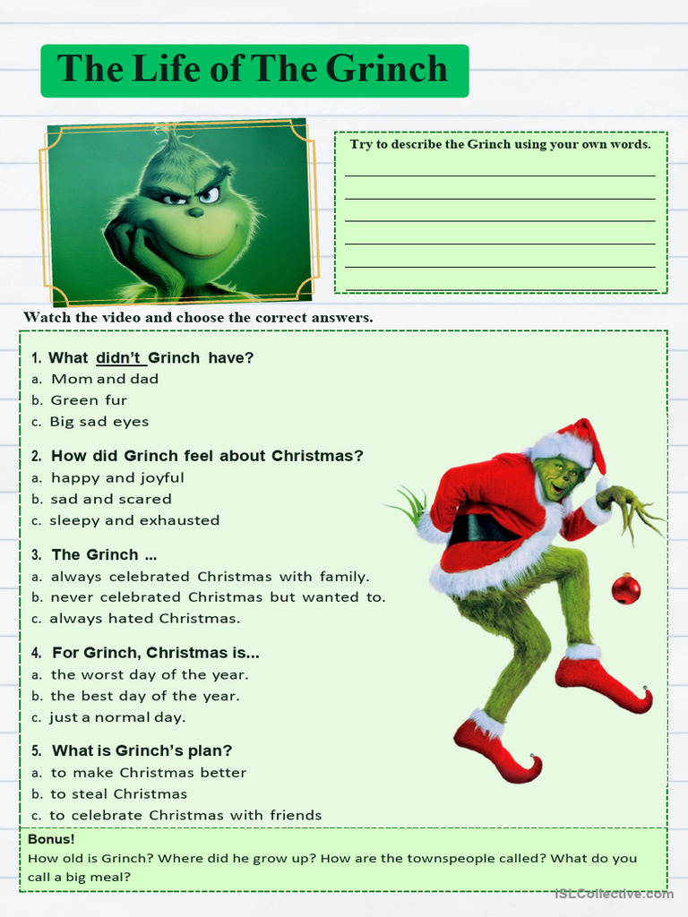 The Life of The Grinch - Video Listening Comprehension | PDF