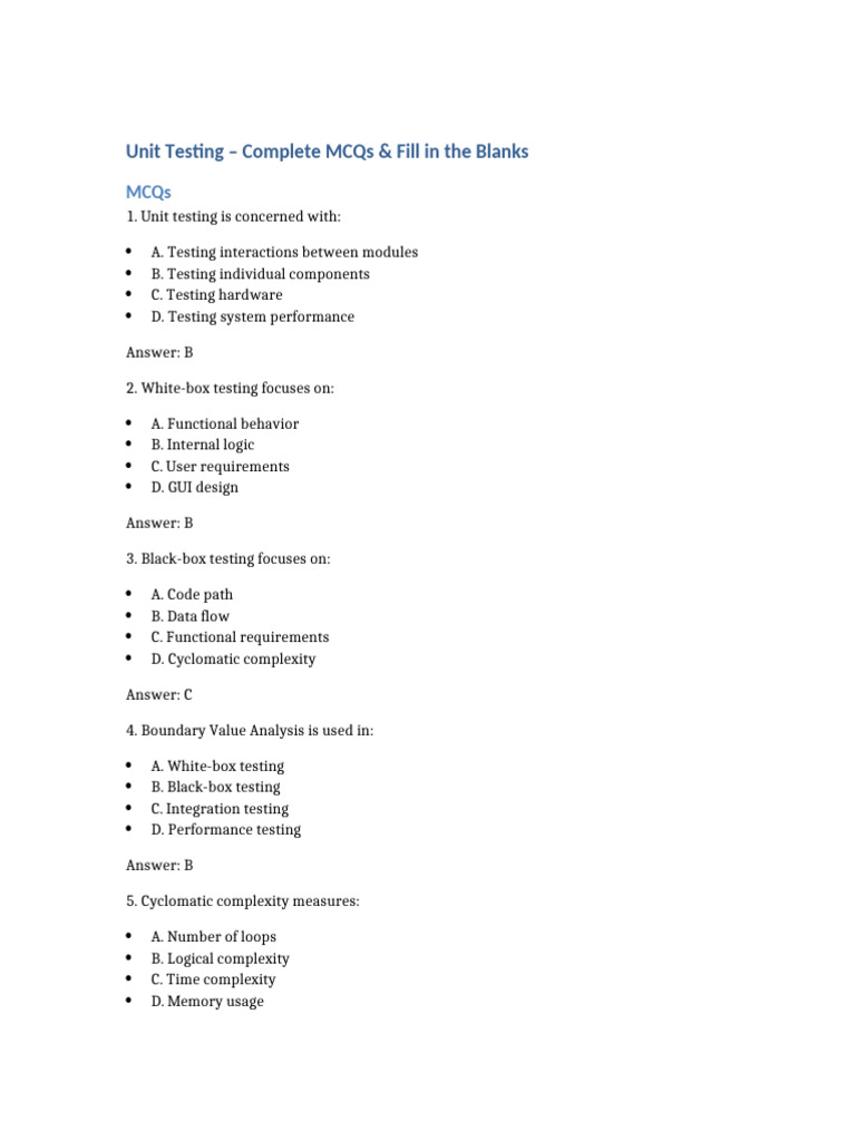 Unit Testing MCQs and Fill-in-the-Blanks | PDF