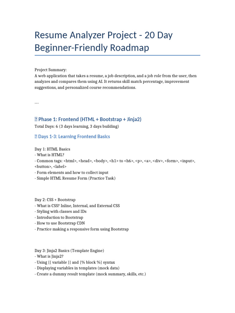Resume Analyzer 20day Roadmap | PDF | Html | Bootstrap (Front End ...