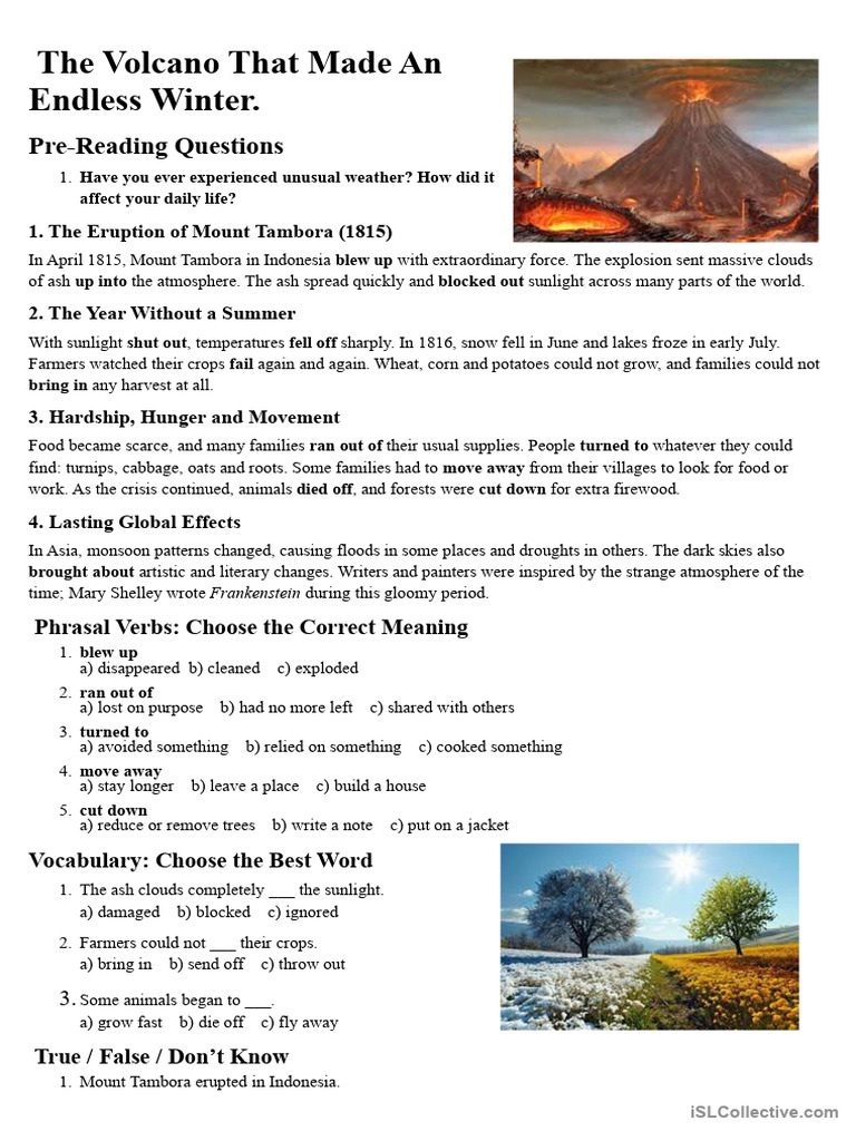 Reading - Phrasal Verbs & Vocab - The Volcano That Made An Endless ...