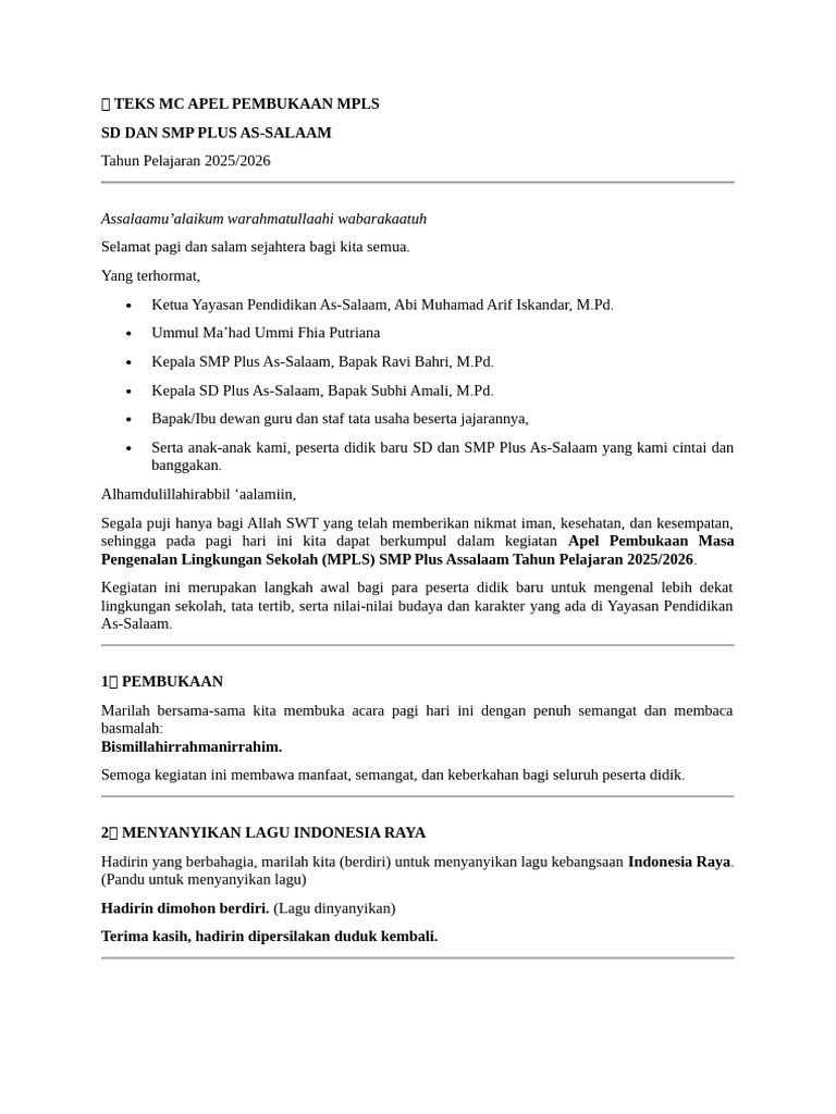 Apel Pembukaan MPLS SD SMP As-Salaam | PDF