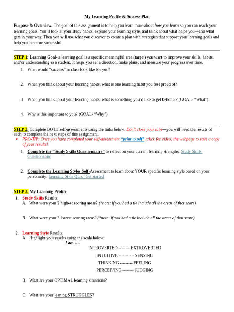 Learning Profile & Success Strategy Guide | PDF | Learning Styles ...