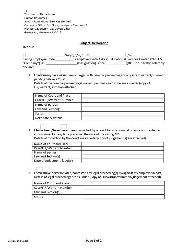 Employee Declaration and Cheque Undertaking | PDF | Arrest Warrant ...