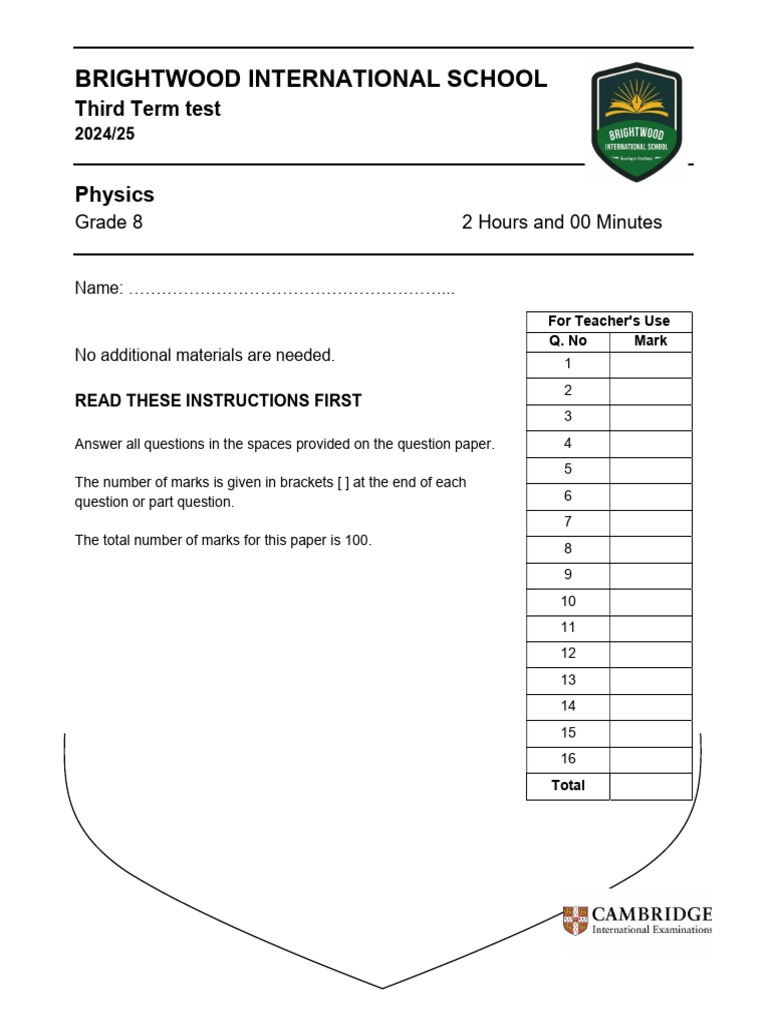 Grade 8 Physics Third Term Test 2024 | PDF | Series And Parallel ...