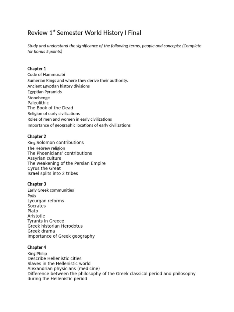 Review 1st Semester World History I Final | PDF