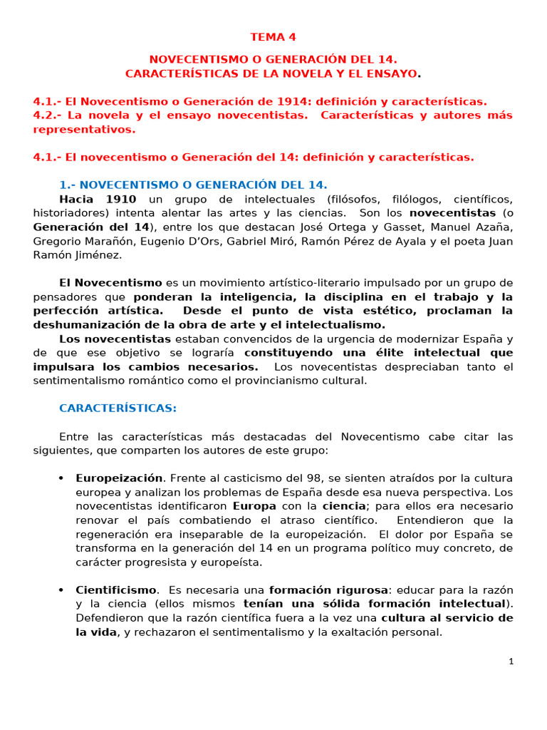 Tema 4 Novecentismo o Generación Del 14 | PDF | Ensayos | Educación en ...
